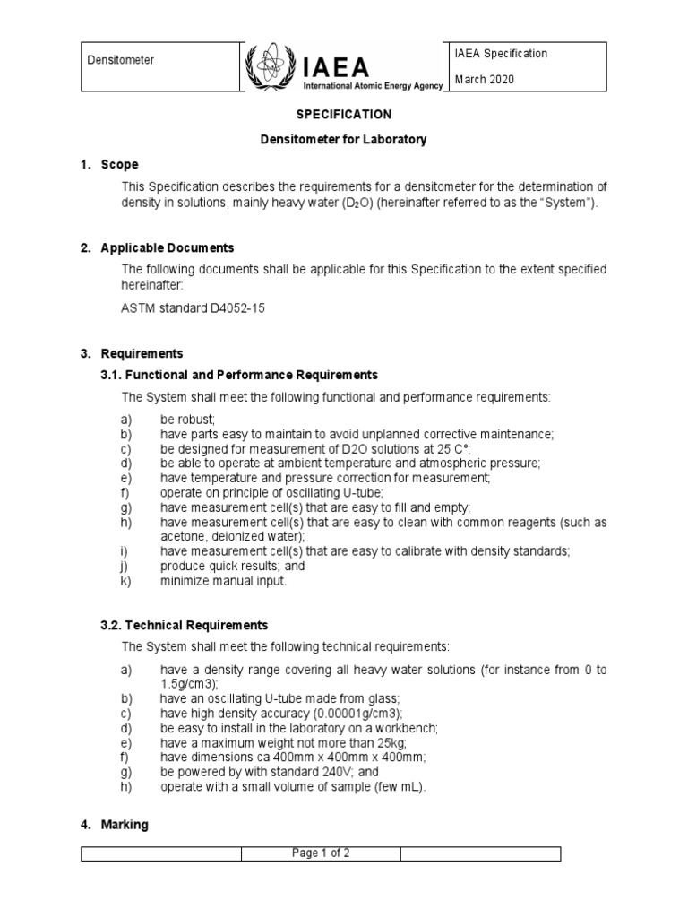 Densitometer Specification for Heavy Water | PDF | Specification ...