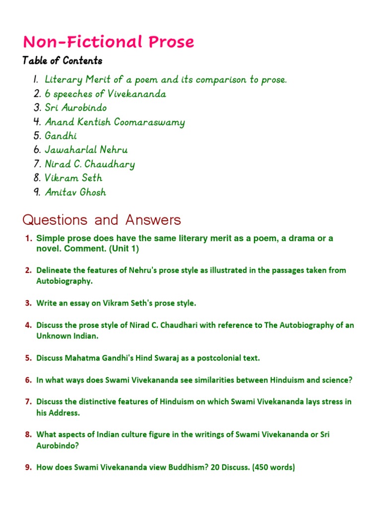 Non-Fictional Prose: Questions and Answers | PDF | Swami Vivekananda ...
