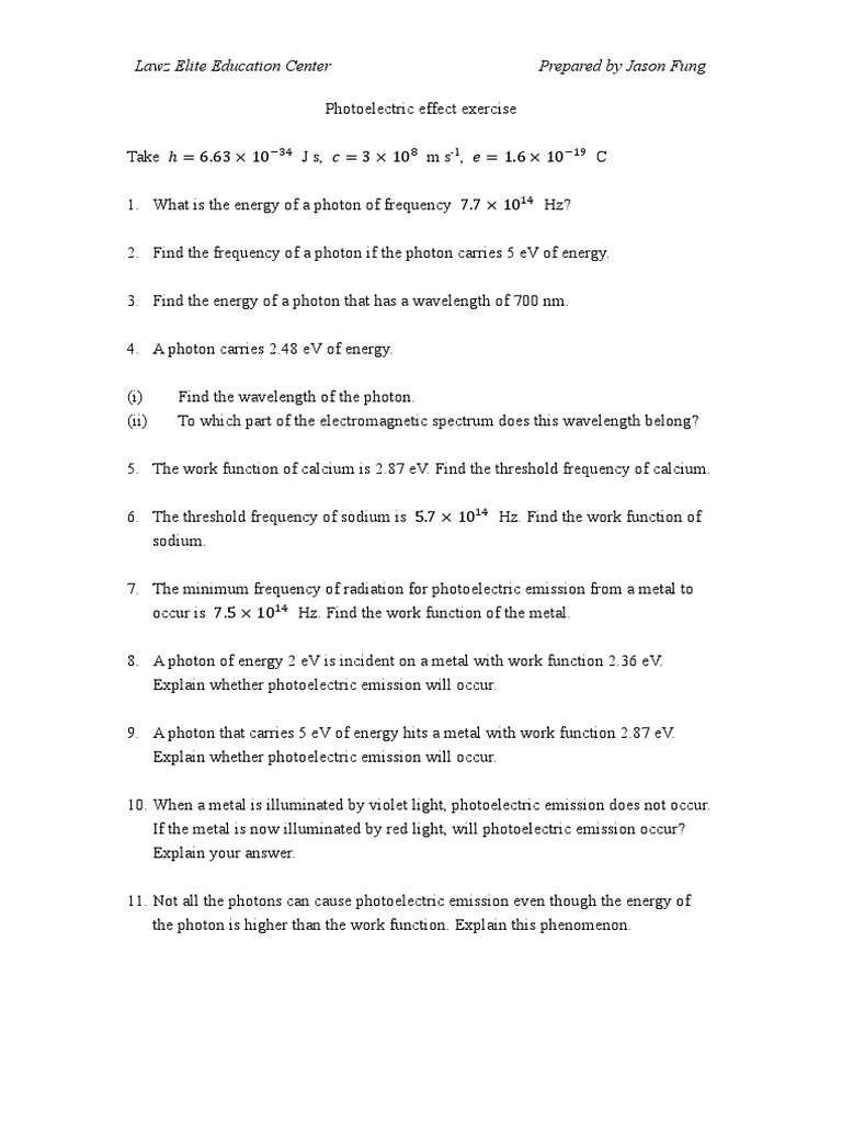 Photoelectric Effect Exercise | PDF | Photoelectric Effect | Emission ...
