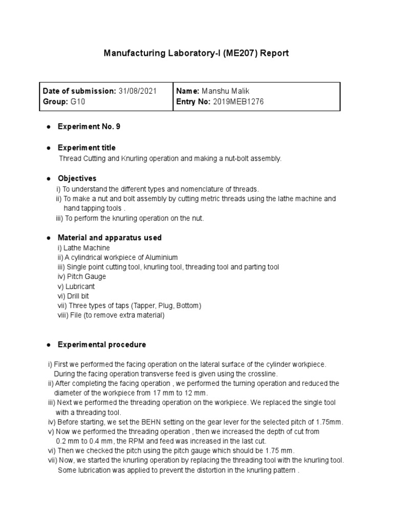 Thread Cutting and Knurling To Make Nut and Bolt | PDF | Screw | Equipment