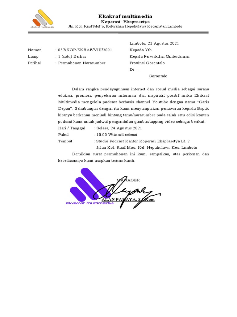 Permohonan Narasumber 23 Agus 2021 (Kep. Perwakilan Ombudsman) | PDF