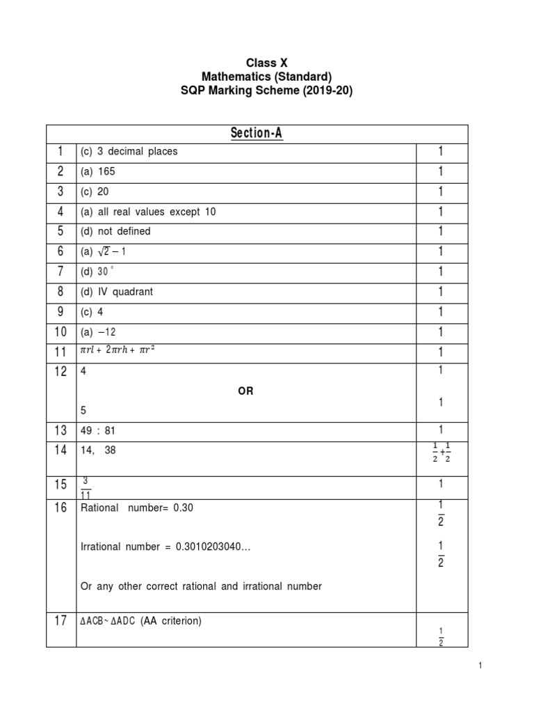 Mathematics Standard Marking Scheme and Answer Key | PDF ...