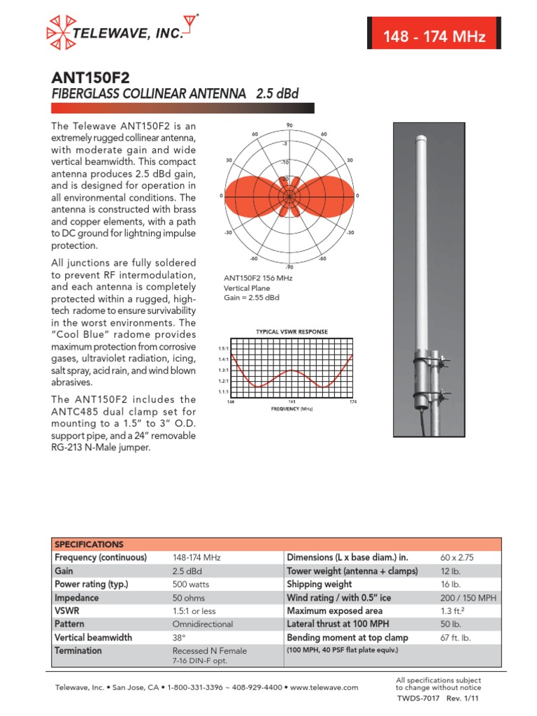 ANT150F2: Fiberglass Collinear Antenna 2.5 DBD | PDF | Antenna (Radio ...