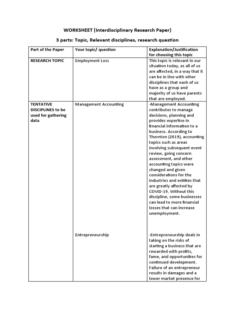 WORKSHEET (Interdisciplinary Research Paper) 3 Parts: Topic, Relevant ...