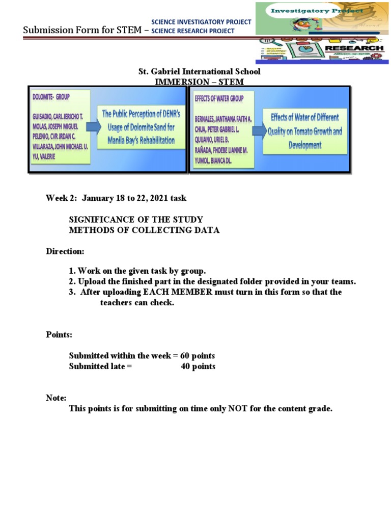 Submission Form For STEM - : Science Investigatory Project Science ...