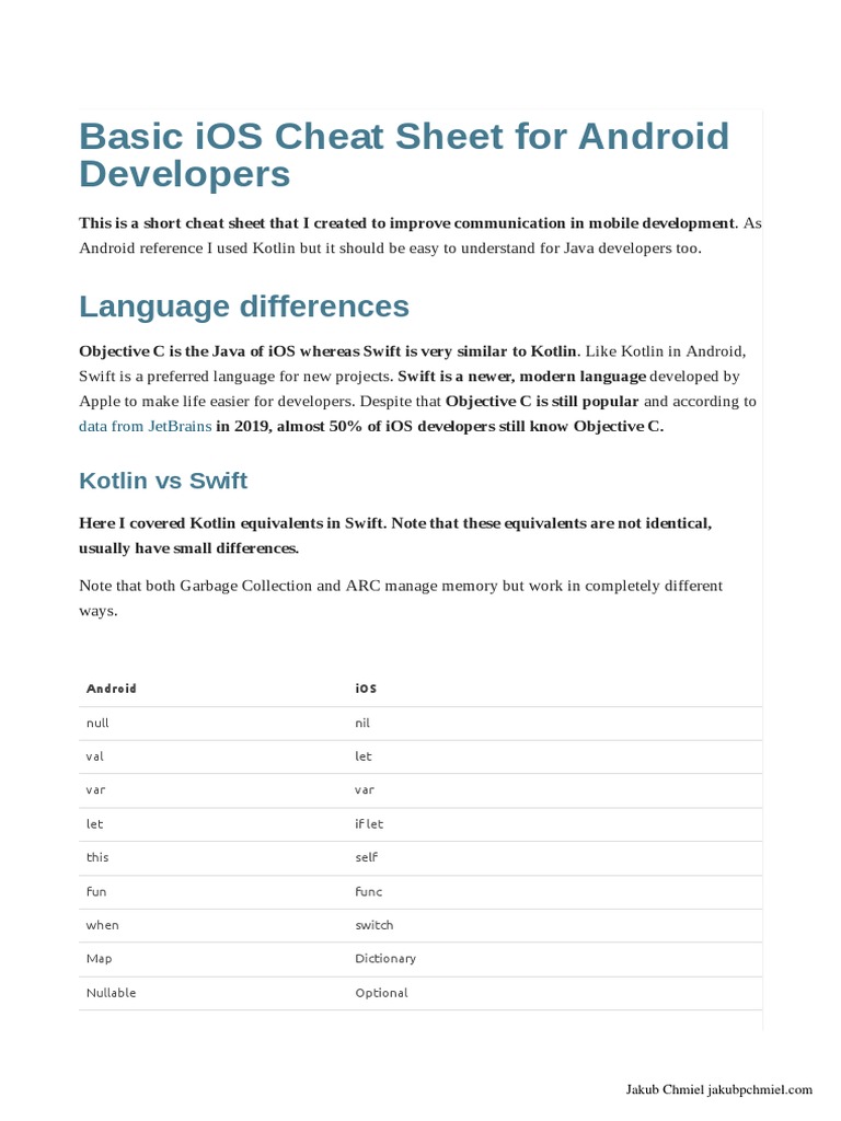 Basic Ios Cheat Sheet For Android Developers V4 Jakub Chmiel Pdf Swift Programming Language 
