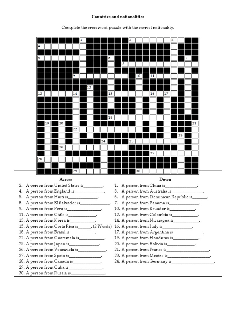 Countries and Nationalities Crossword Activities Promoting Classroom ...