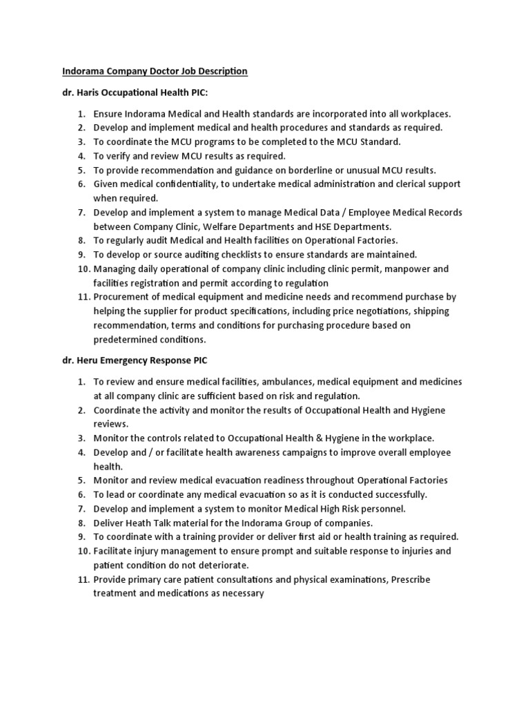 Indorama Company Doctor Job Description Rev1 | PDF | Occupational ...
