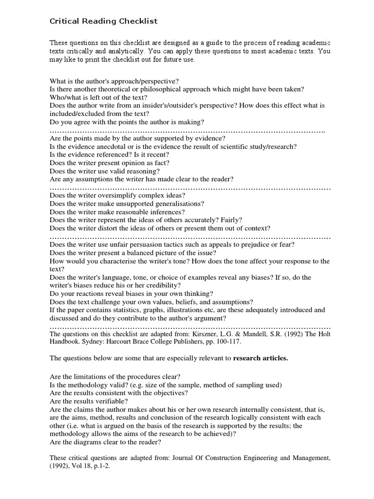 Critical Reading Checklist | PDF | Writers | Bias