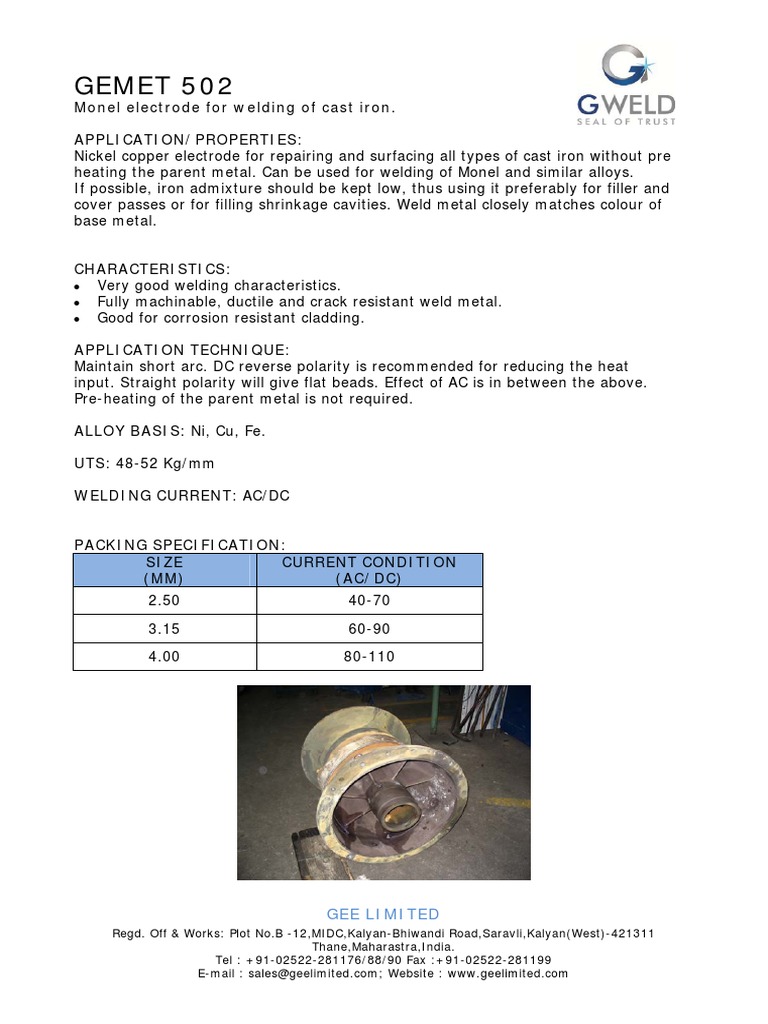GEMET 502: Monel Electrode For Welding of Cast Iron. Application ...