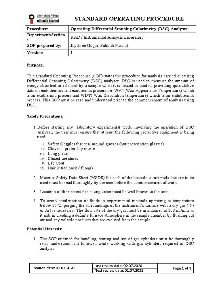 SOP For DSC | PDF | Differential Scanning Calorimetry | Physical Chemistry