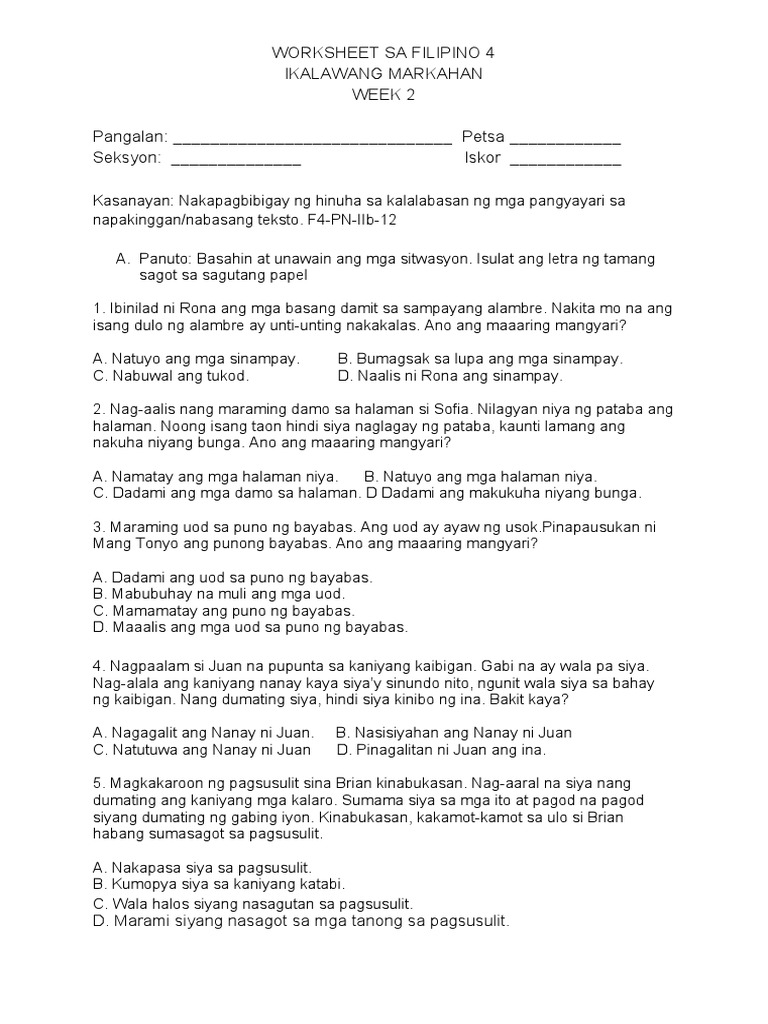 Worksheet No. 2 Sa Filipino 4 | PDF