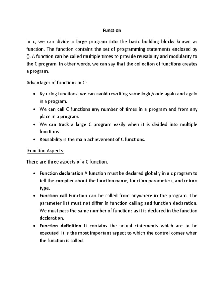 Functions In C Building Blocks For Modularity And Reusability Pdf Subroutine Parameter