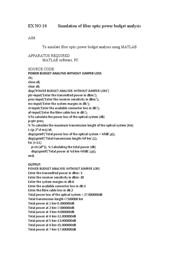 EXNO10 Simulation of Fiber Optic Power Budget Analysis | PDF | Decibel ...