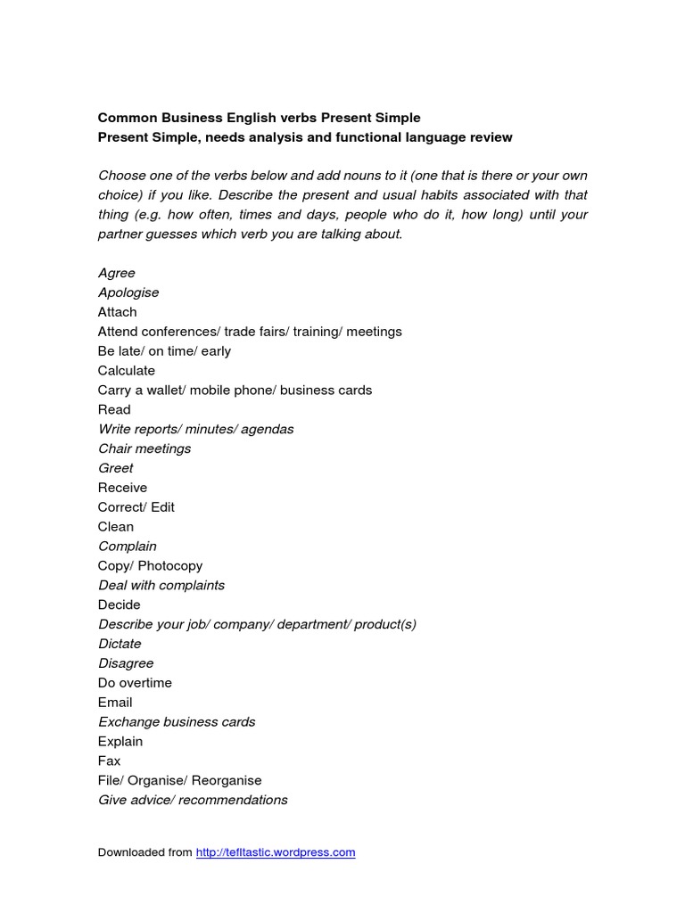 Common Business English Verbs Present Simple | PDF