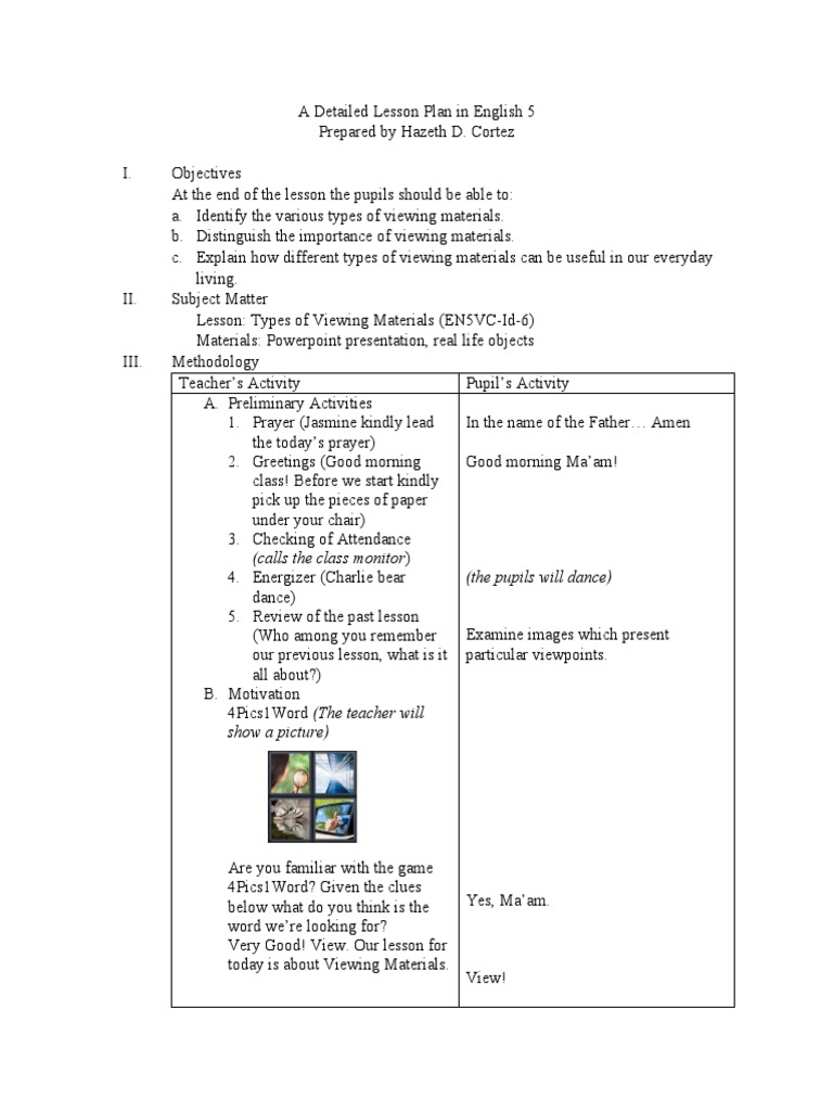 A Detailed Lesson Plan | PDF | Television | Books