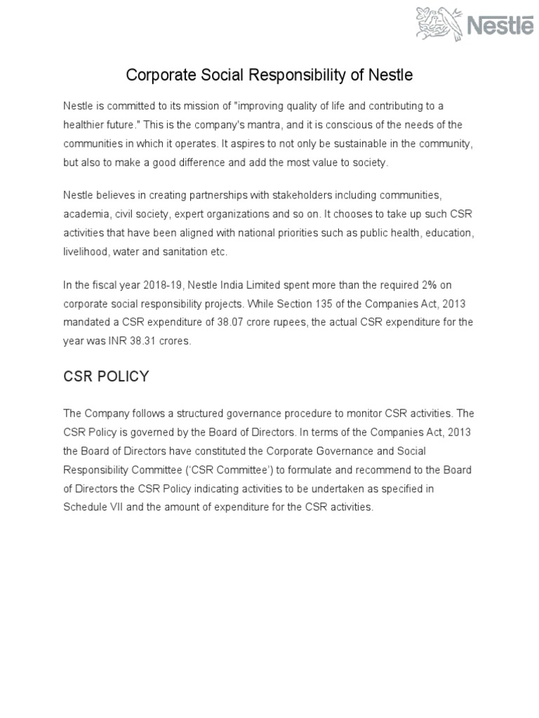 Corporate Social Responsibility of Nestle | PDF