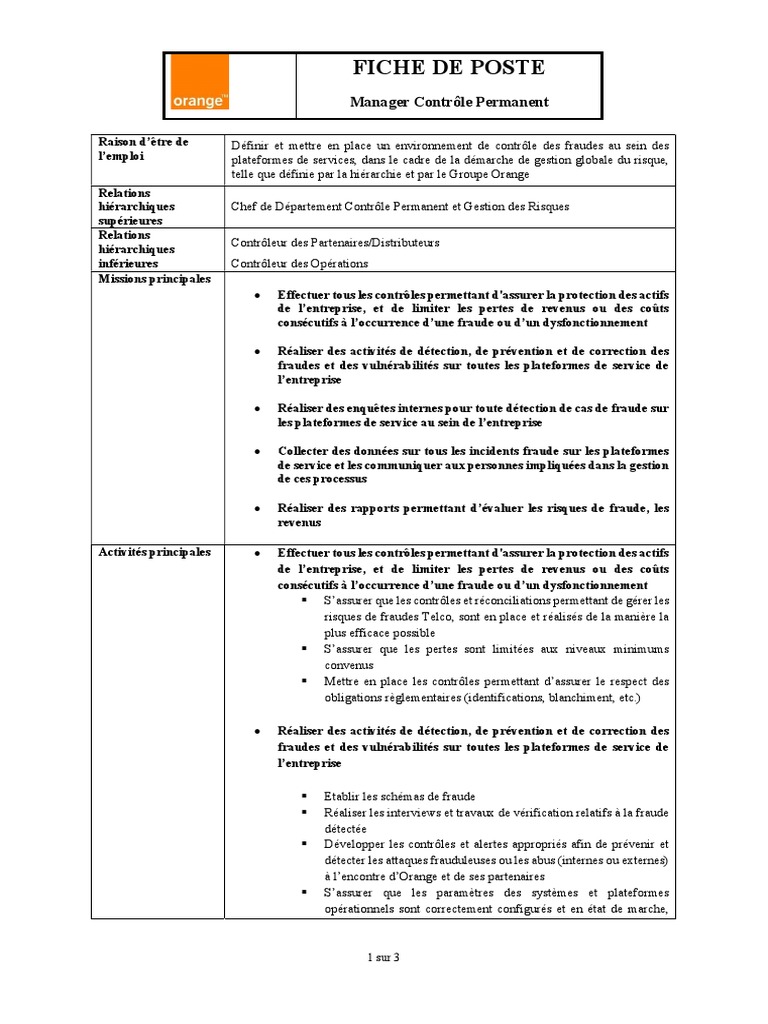 Fiche de Poste : Manager Contrôle Permanent | PDF | Risque | Gestion ...