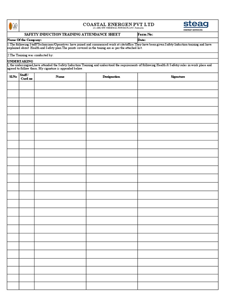 Coastal Energen PVT LTD: Safety Induction Training Attendance Sheet ...