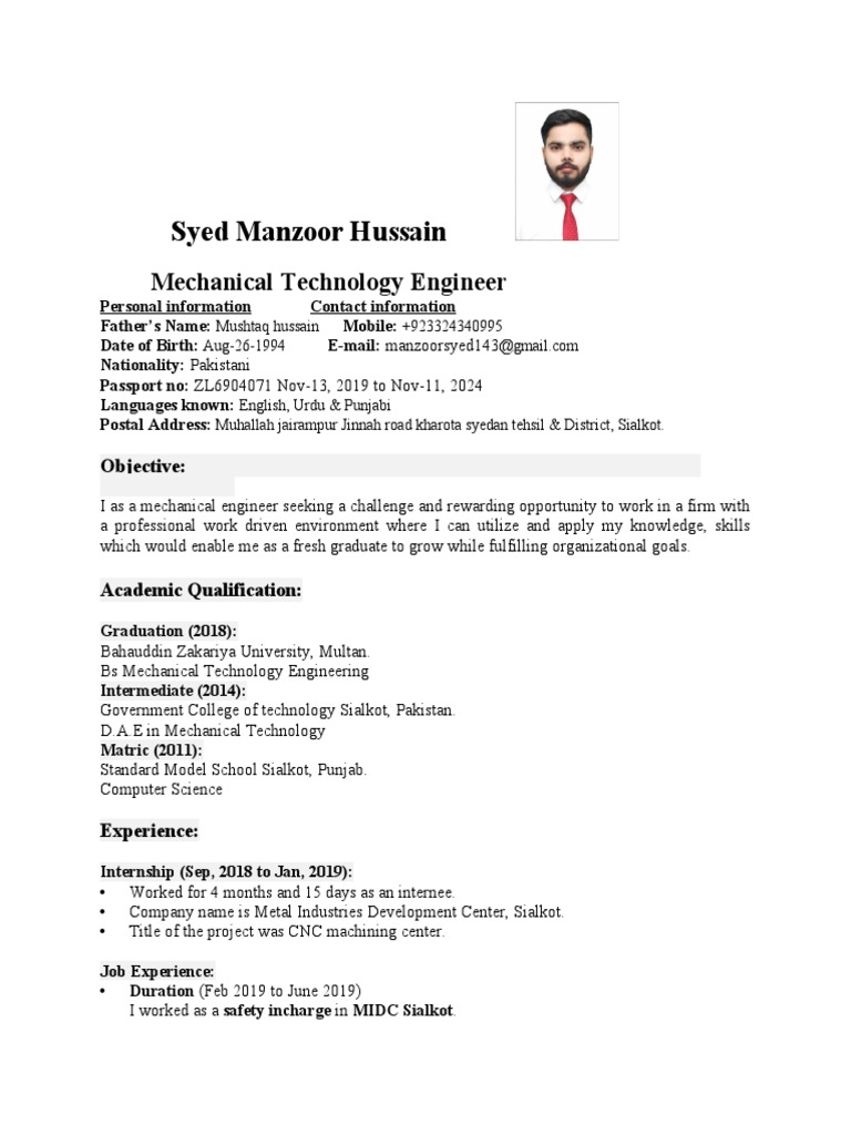 Sefety Incharge Resume | PDF | Mechanical Engineering | Engineer