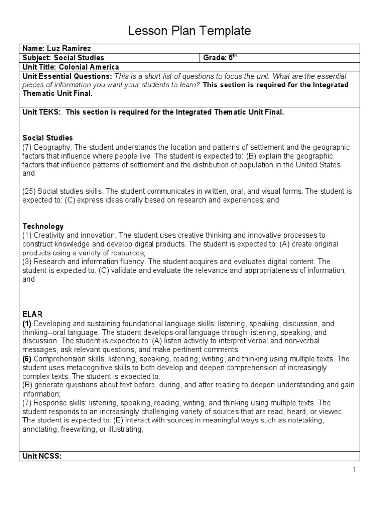 Colonial America Lesson Plan Template | PDF | Reading Comprehension ...