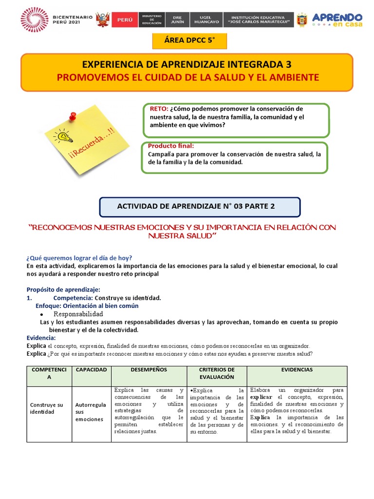 MATERIAL ACTIVIDAD 03 EDA 3 - PARTE 2 - DPCC 5° Último | PDF | Las emociones | Evaluación