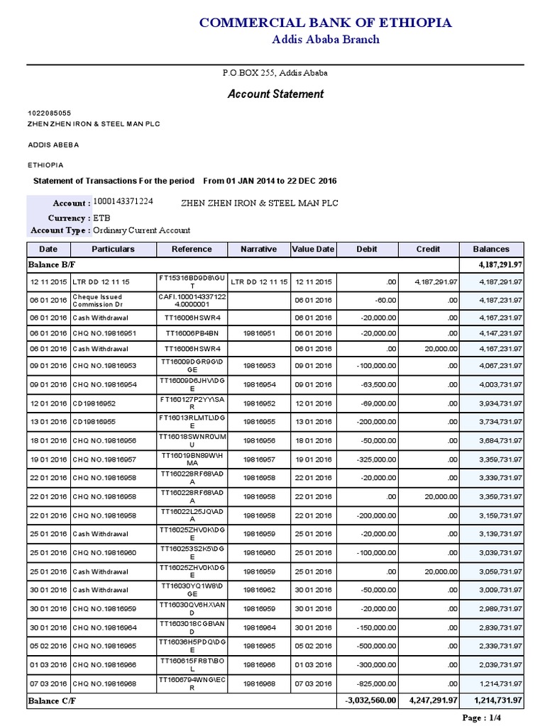 Commercial Bank of Ethiopia: Account Statement | PDF | Debits And ...