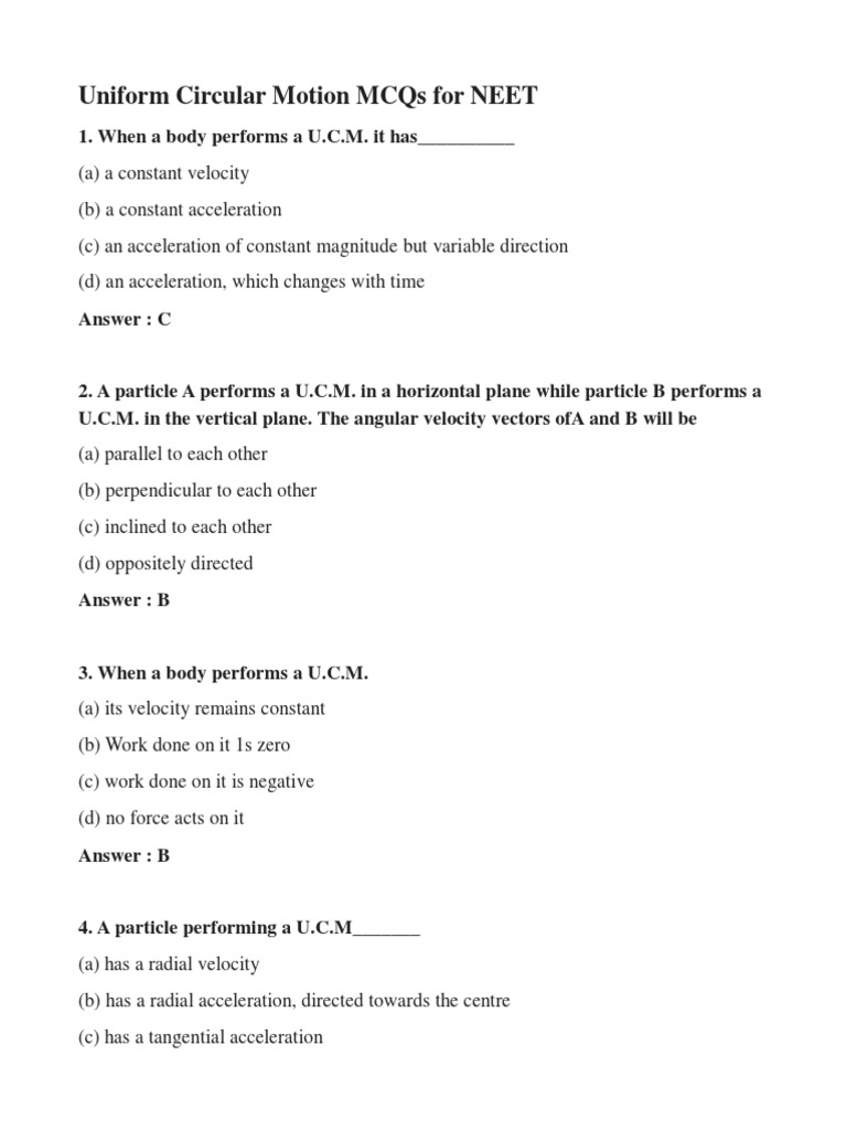 Uniform Circular Motion Mcqs For Neet | PDF | Acceleration | Velocity