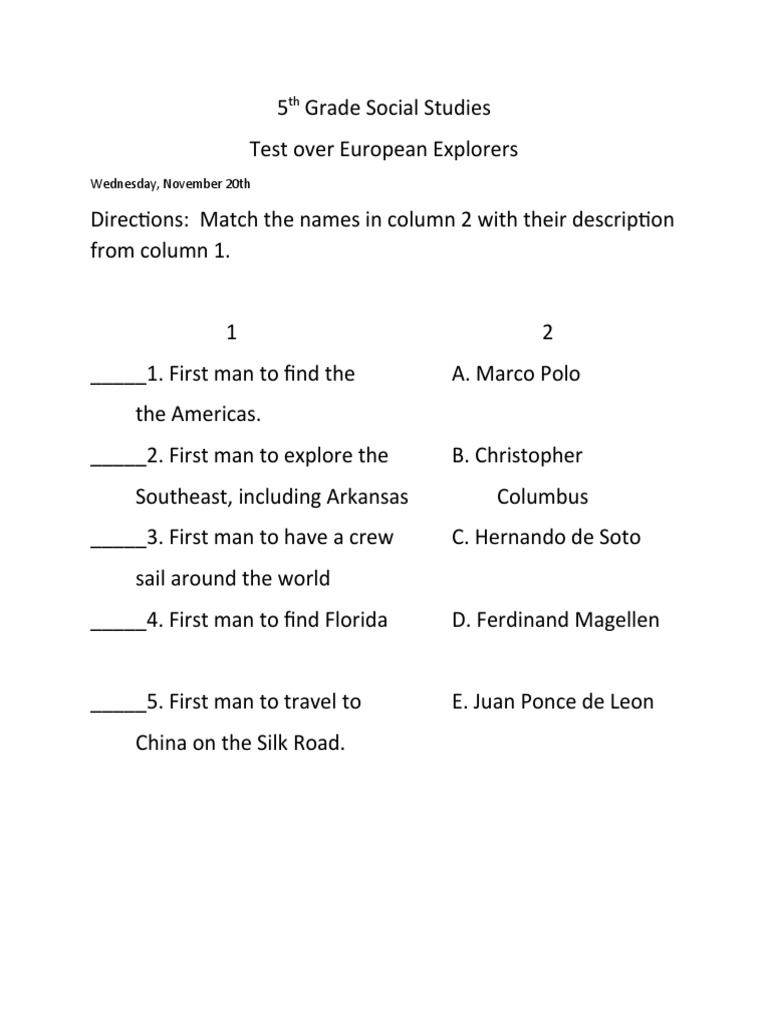 5th Grade Test: European Explorers | PDF | Christopher Columbus ...