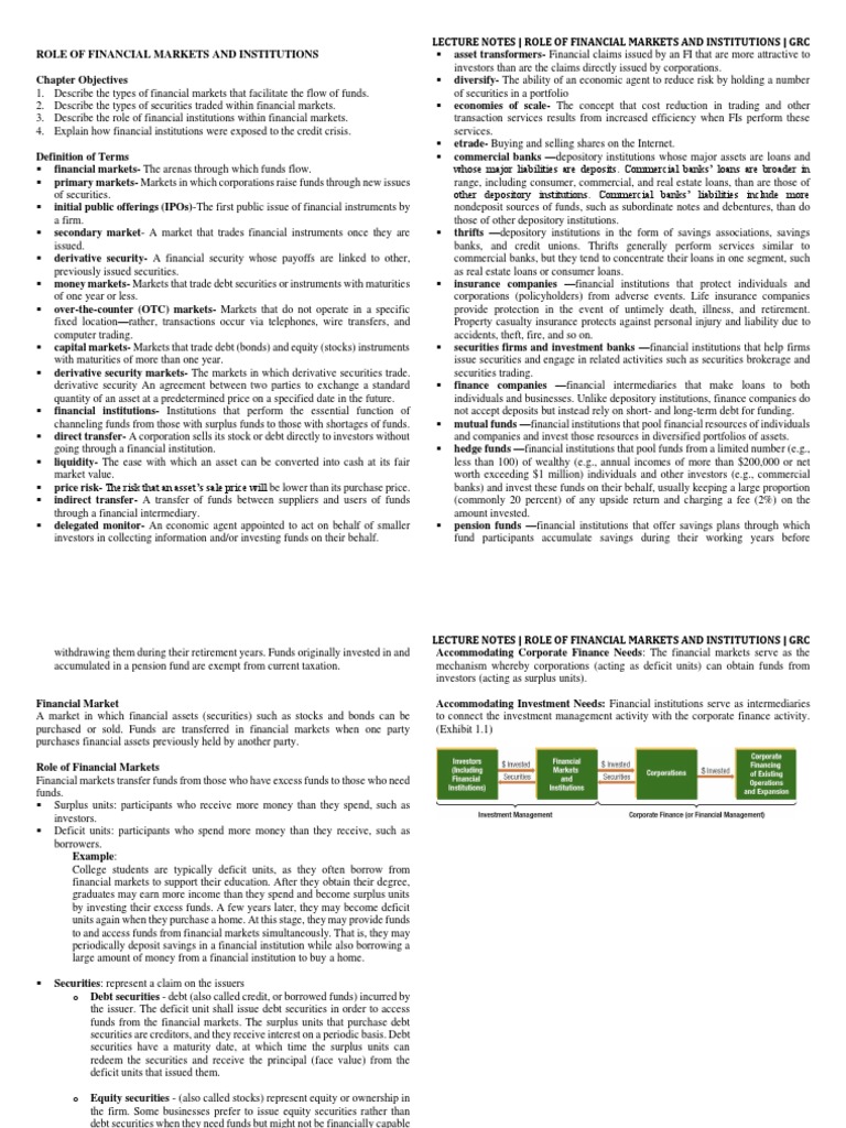 Lecture Notes - Role of Financial Markets and Institutions - GRC Role ...