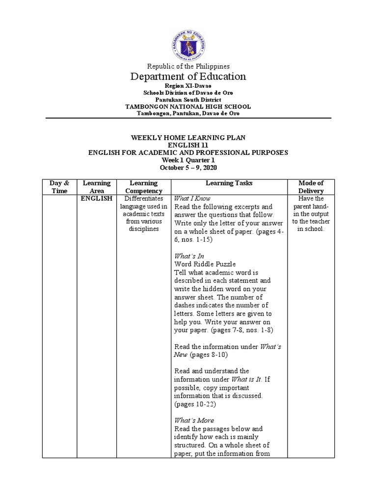 WEEKLY HOME LEARNING PLAN in English 11 | PDF | Learning | Communication