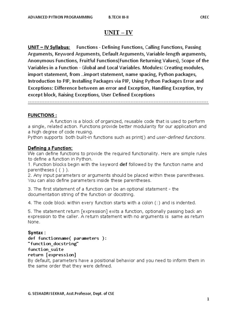 Unit - Iv: UNIT - IV Syllabus: Functions - Defining Functions, Calling Functions, Passing | PDF ...