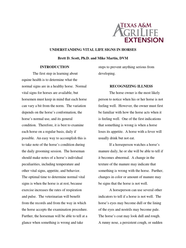 Understanding Vital Life Signs in Horses Brett D. Scott, Ph.D. and Mike ...
