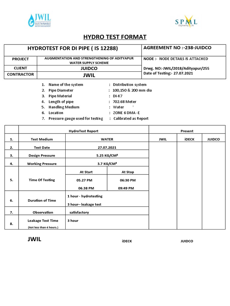 Hydro Test Format: Hydrotest For Di Pipe (Is 12288) | PDF | Home ...
