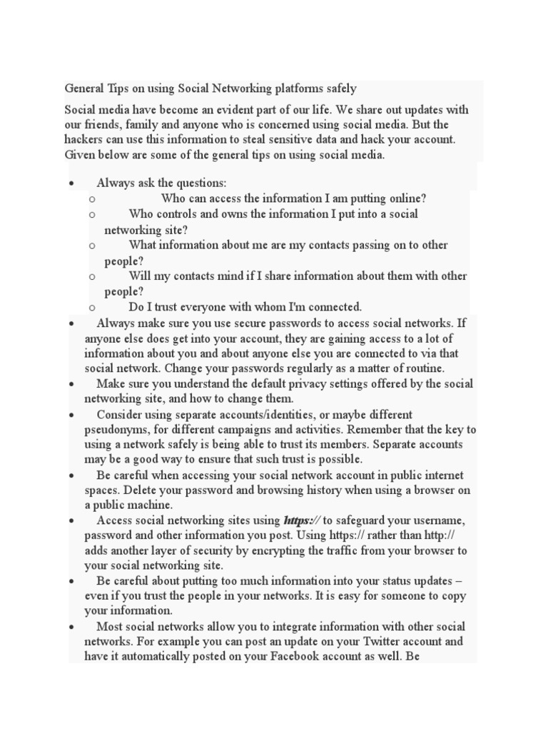 Safe Social Networking Tips | PDF | Social Networking Service ...