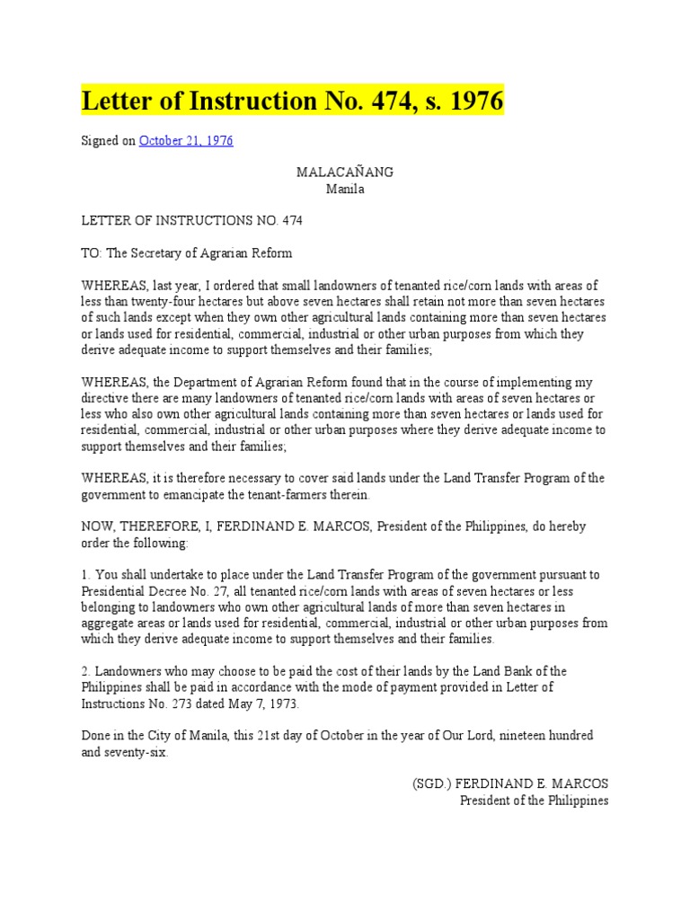 Letter of Instruction No in Pursuant To PD27 | PDF | Economies