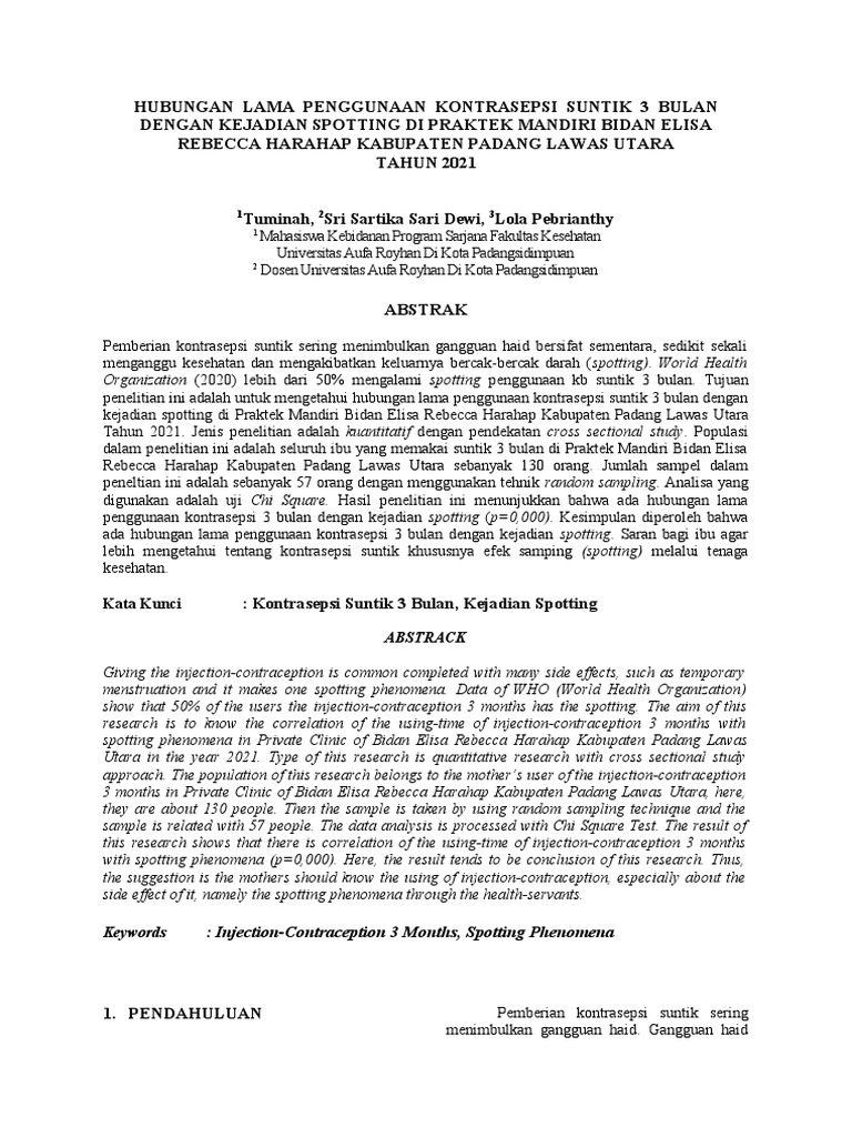 Hubungan Lama Penggunaan Kontrasepsi Suntik 3 Bulan dengan Kejadian Spotting | PDF