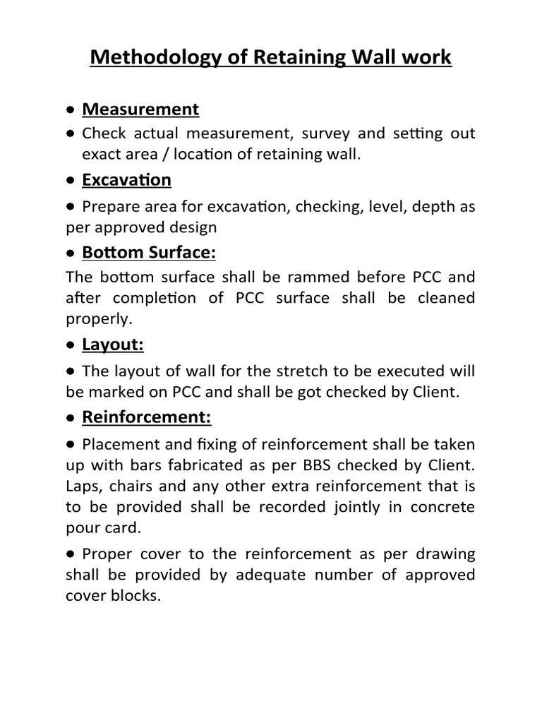 Method Statement For Retaining Wall Work Execution | PDF | Concrete ...