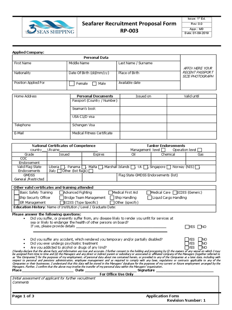 RP03 Seafarers Recruitment Proposal Form | PDF | Oil Tanker | Shipping