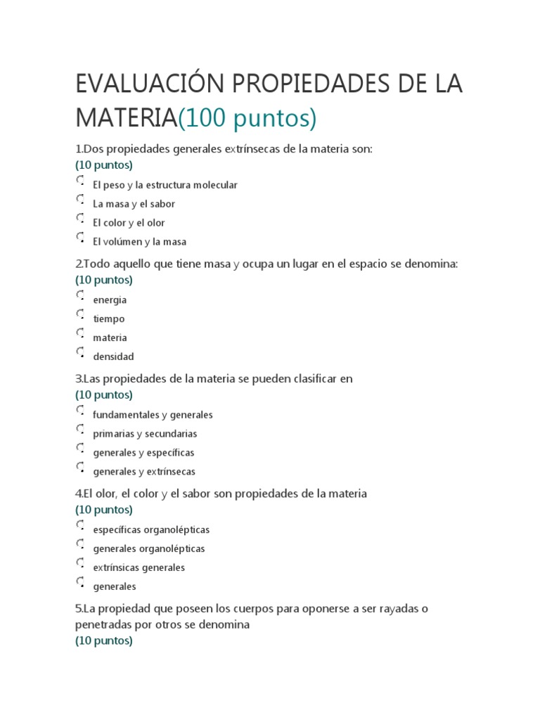 Evaluación de Propiedades de la Materia | PDF