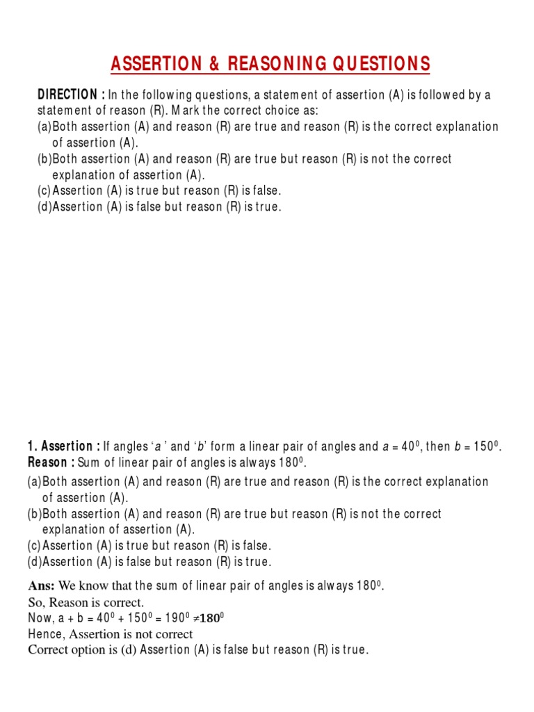 Assertion & Reasoning Questions: DIRECTION: in The Following Questions, A Statement of Assertion ...