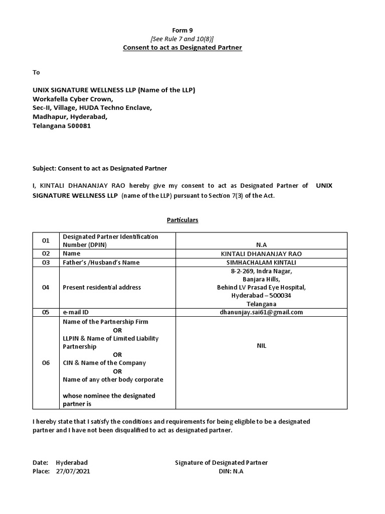 Consent To Act As Designated Partner: Kintali Dhananjay Rao | PDF ...