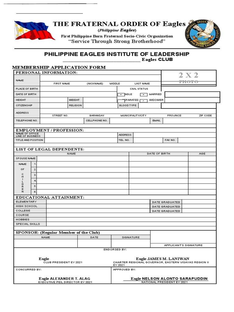 Membership Application for the Fraternal Order of Eagles Philippine Eagles Club | PDF | Prayer