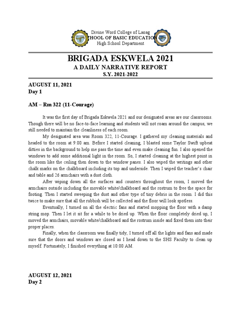 Brigada Eskwela 2021 Daily Narrative Report | PDF | Chair