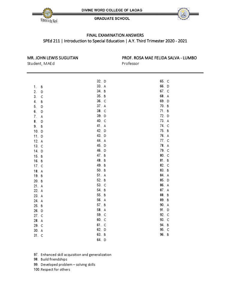 Final Exam Answers for SPEd 211 | PDF