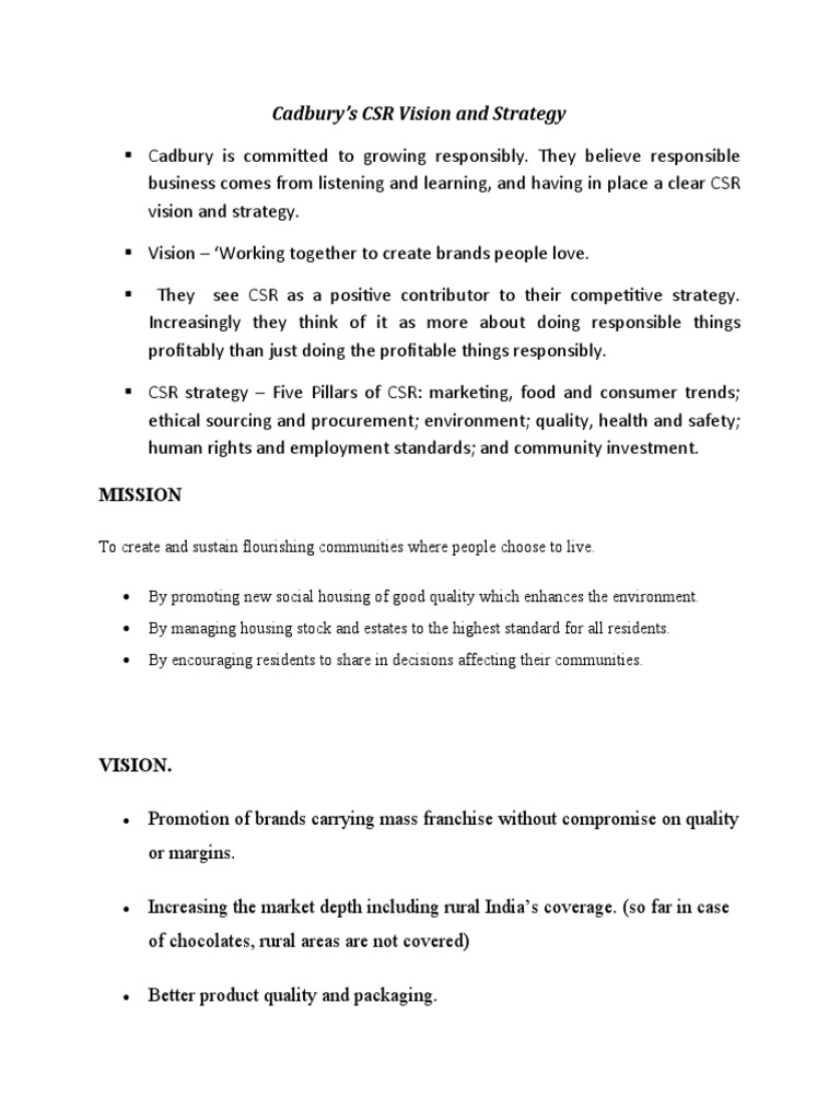 Cadbury's CSR Vision and Strategy: Mission | PDF | Marketing Strategy ...