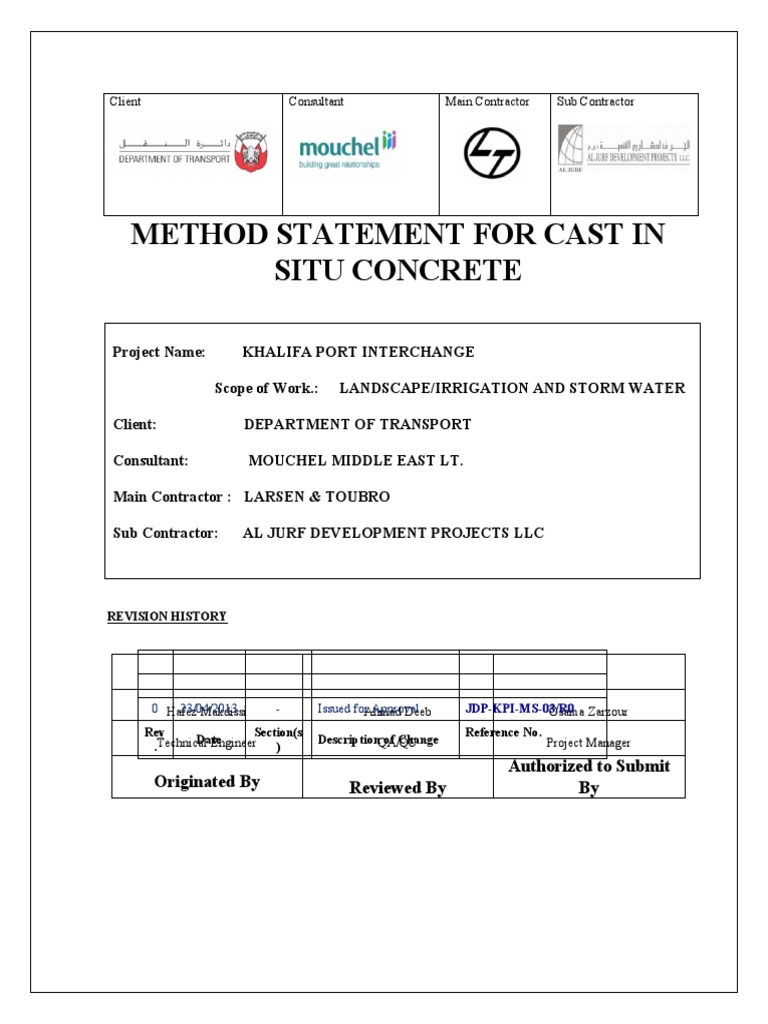 METHOD STATEMENT FOR Cast in Situ Concrete - Rev 0 | PDF | Concrete ...