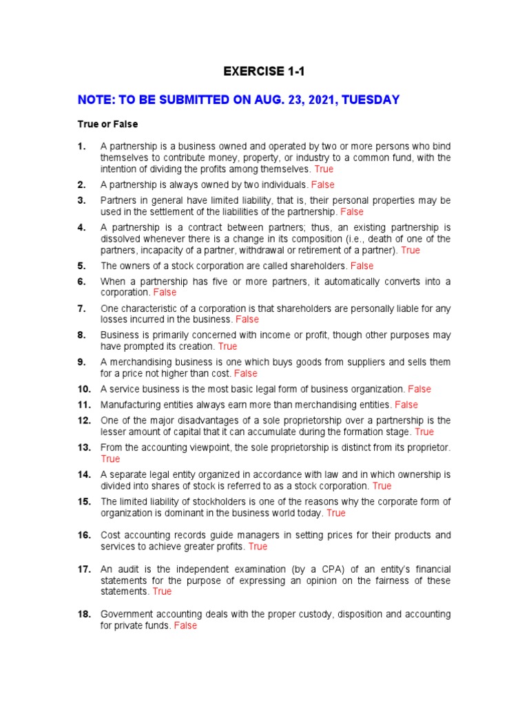 Exercise 1-1: True False False | PDF | Accounting | Partnership