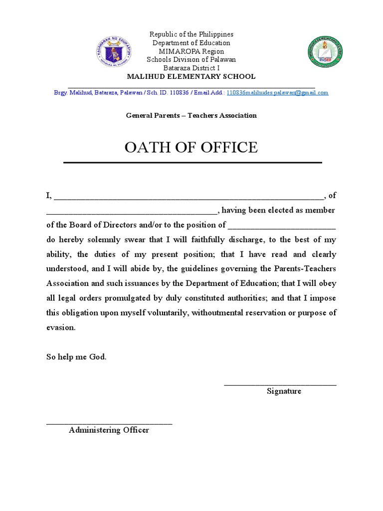 Pta Oath Of Office Pdf