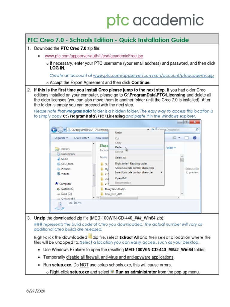 PTC Creo 7.0 - Schools Edition - Quick Installation Guide: Log in | Download Free PDF | Zip ...